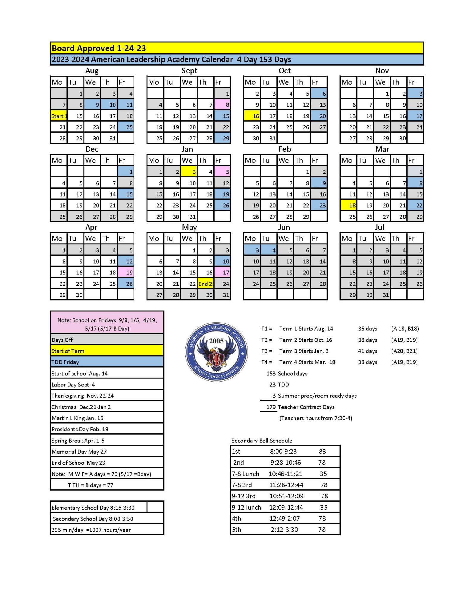 2023-24 School Calendar - American Leadership Academy